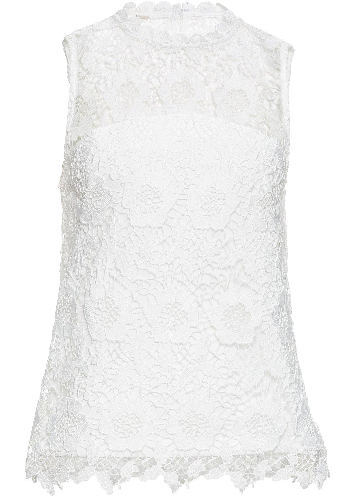 Traumhaftes Spitzentop mit Stehkragen - wollweiß