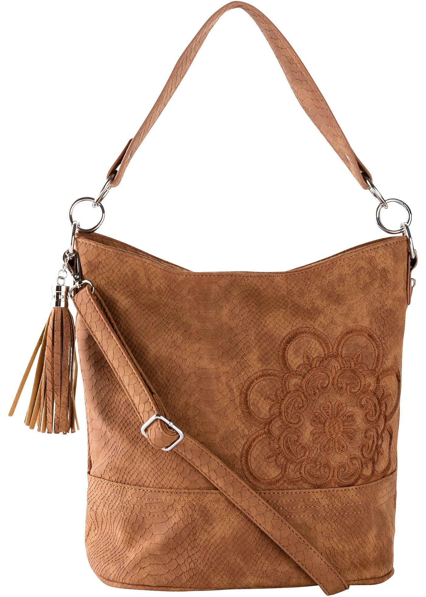 Modische Handtasche in Velourslederoptik mit Tassel - cognac