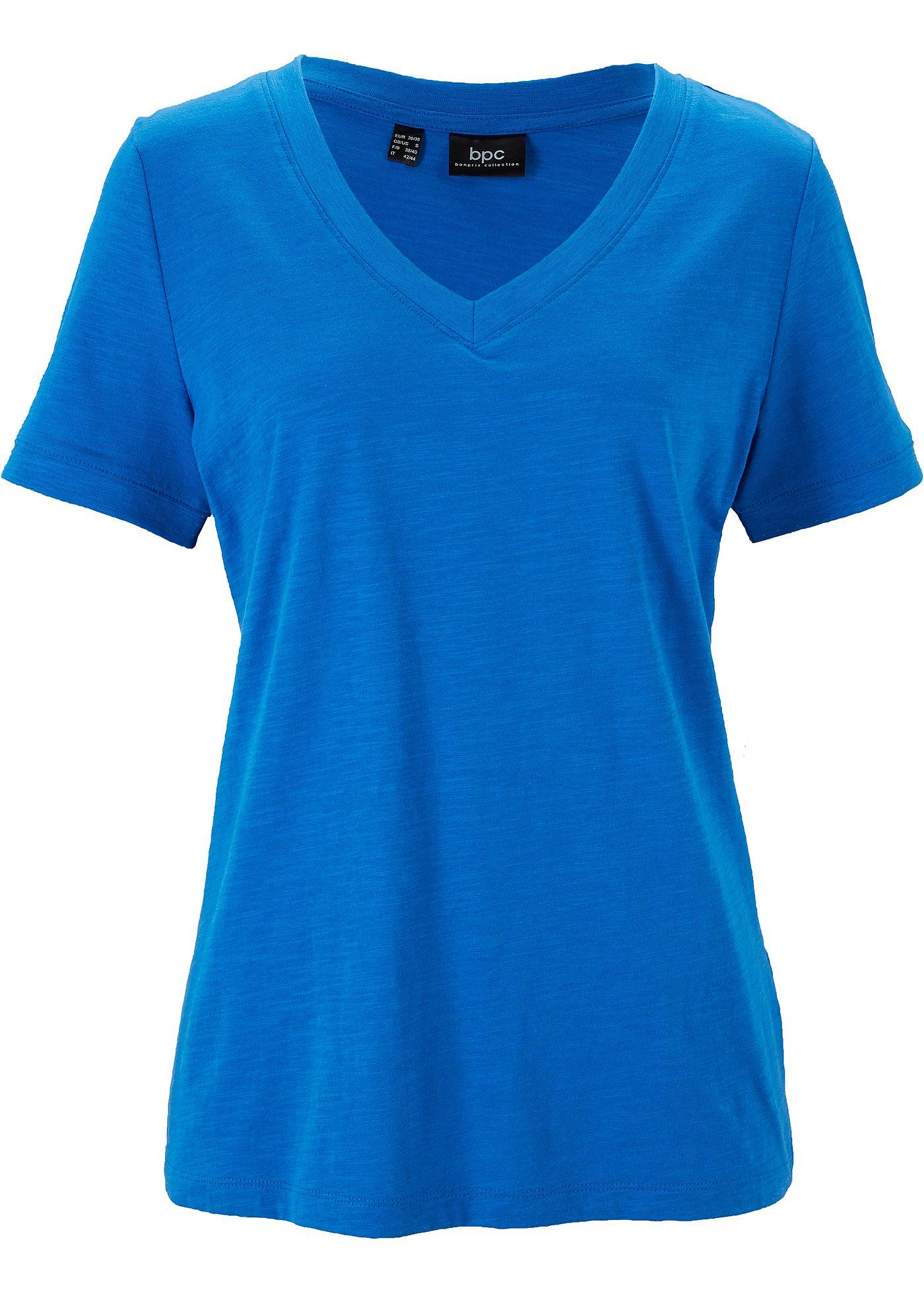 Basic Baumwoll Shirt Mit V Ausschnitt Kurzarm Azurblau