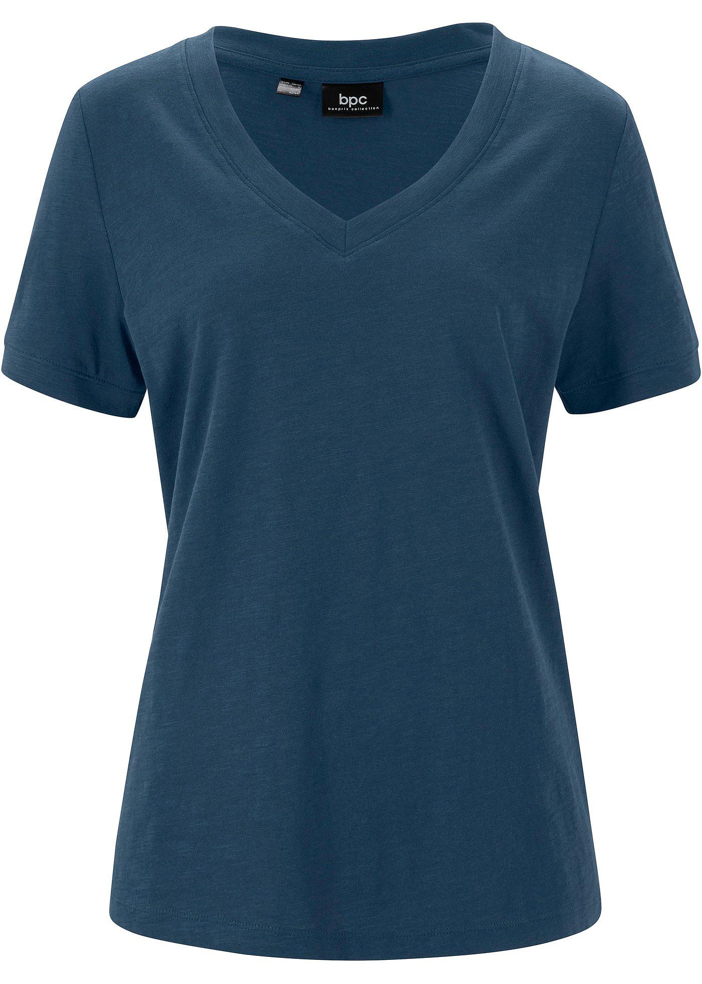 Basic Baumwoll Shirt Mit V Ausschnitt Kurzarm Dunkelblau