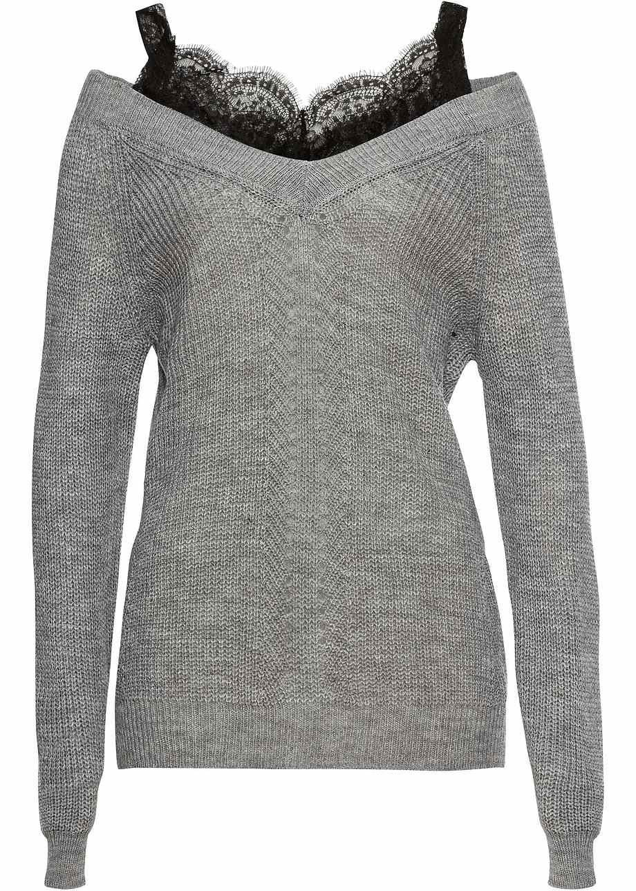 Moderner Pullover mit hochwertiger Spitze - grau meliert