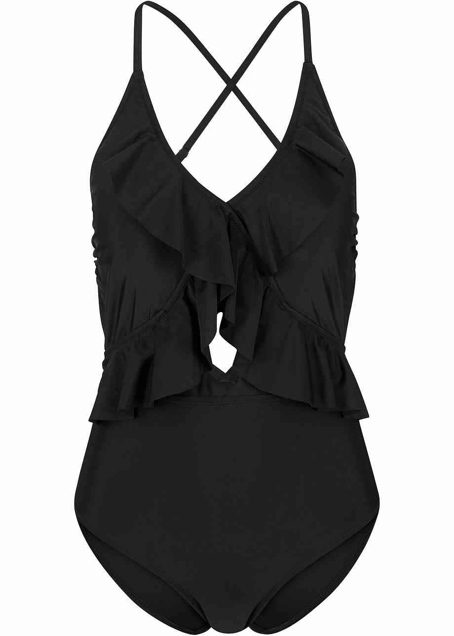 Femininer Badeanzug mit attraktivem Volant und Cut-Out - schwarz