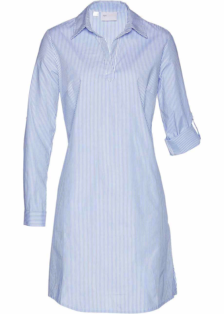 Geschmackvolles Hemdblusenkleid mit Seitenschlitzen - weiß/blau gestreift Geschmackvolles Hemdblusenkleid mit Seitenschlitzen - weiß/blau gestreift