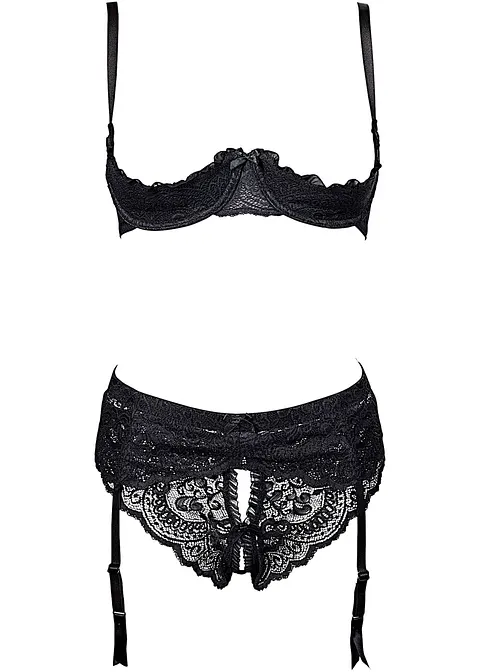 Dreierset Aus Büstenhebe Strapsgürtel Und String Ouvert Damen