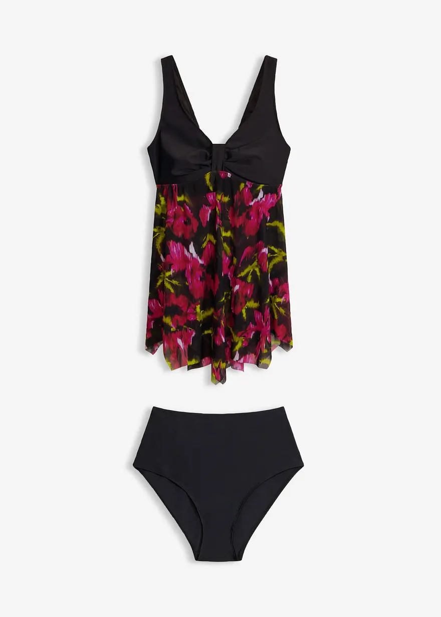 Long-Tankini mit bedrucktem Netzmaterial - schwarz floral - Damen