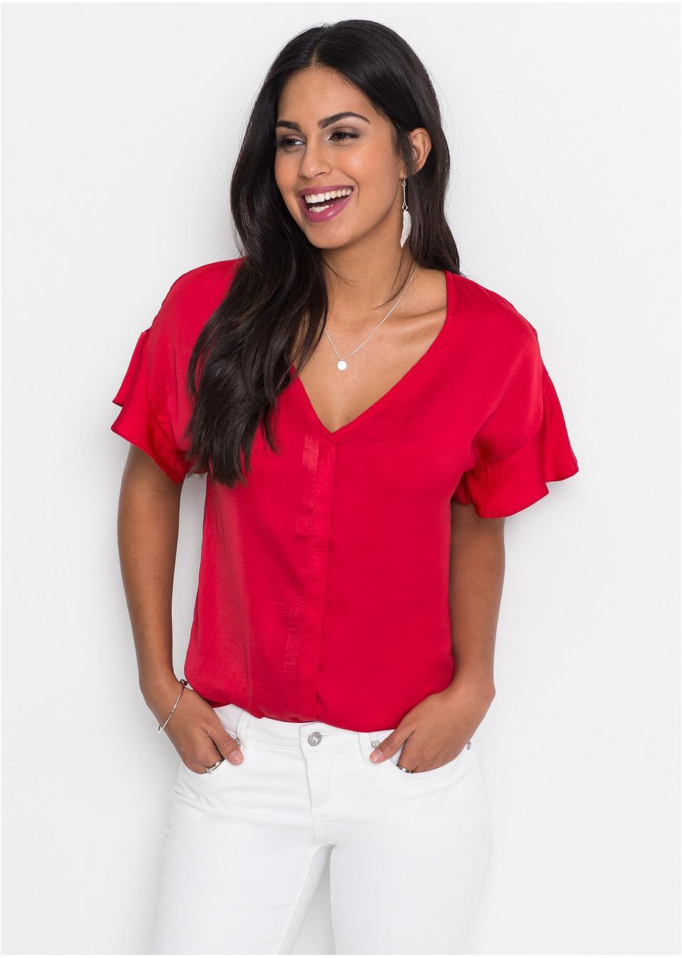 Luftige Bluse mit Rüschen an den Ärmeln - rot